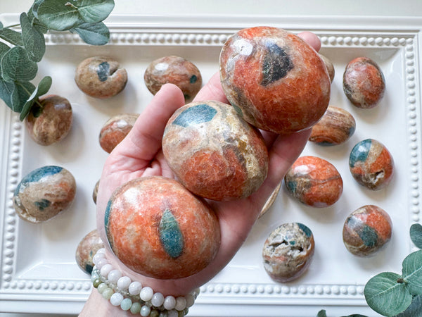 Orange Calcite with Sunstone & Apatite Palm Stone - Angelic Roots