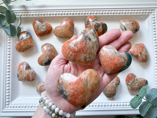 Orange Calcite with Sunstone & Apatite Heart - Angelic Roots